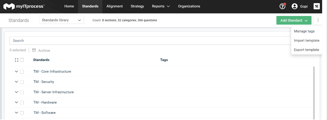 Importing and exporting standards library templates